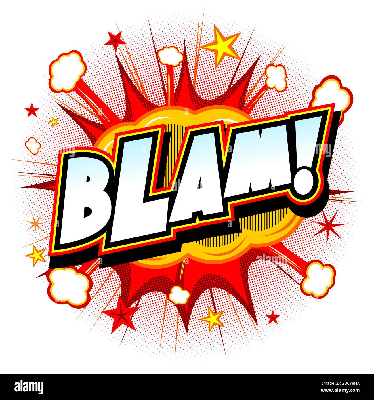 Blam illustration - red explosion, white background Stock Photo - Alamy