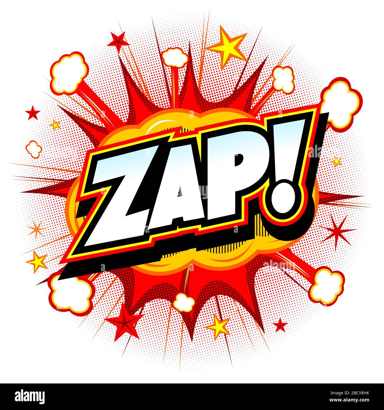 Zap illustration - red explosion, white background Stock Photo - Alamy
