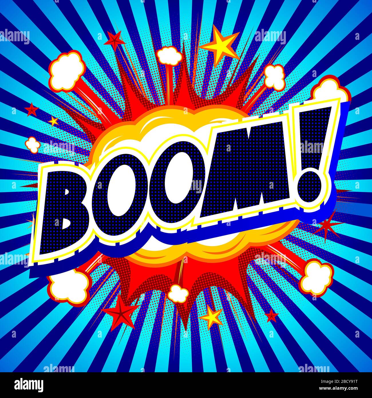 Boom illustration - blue background with stripes Stock Photo - Alamy