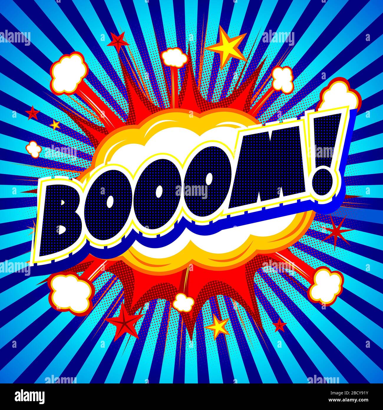 Booom illustration - blue background with stripes Stock Photo - Alamy