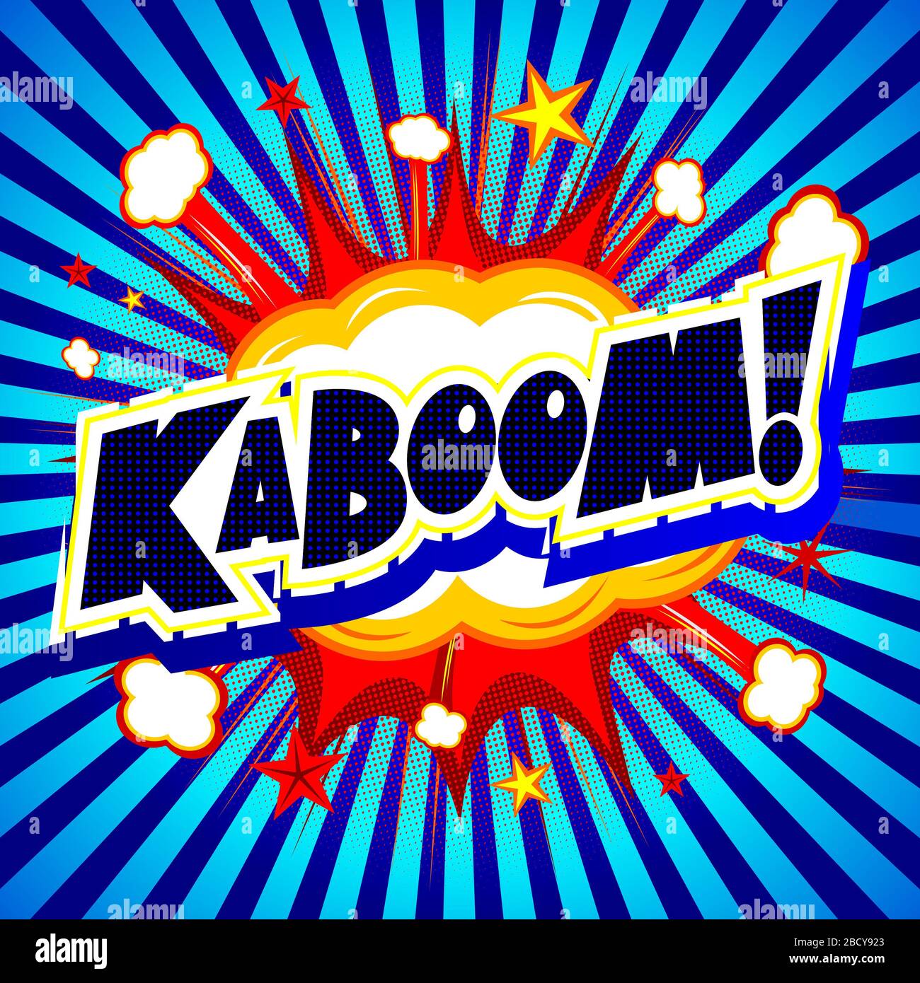 Kaboom - explosion illustration - blue background with stripes Stock ...
