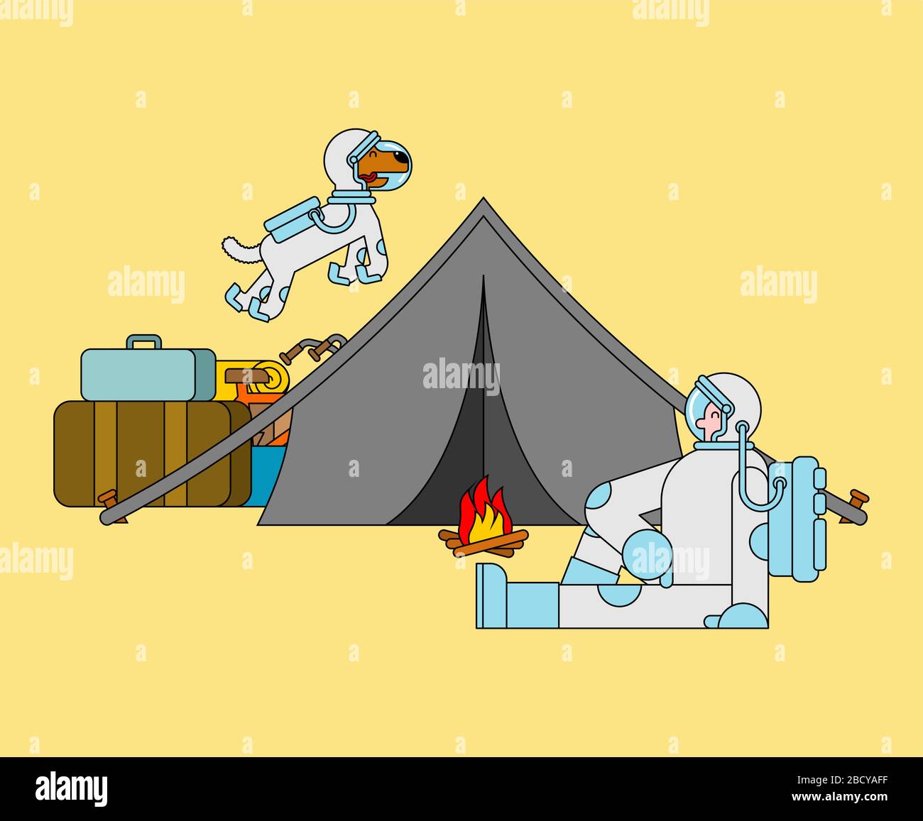 Space tourism. Cosmic camping. Astronaut and tent. spaceman on vacation ...