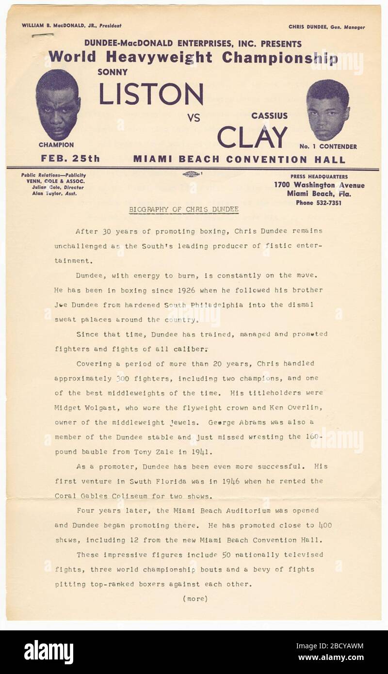 Document of a biographical sketch of Chris Dundee. This typewritten ...