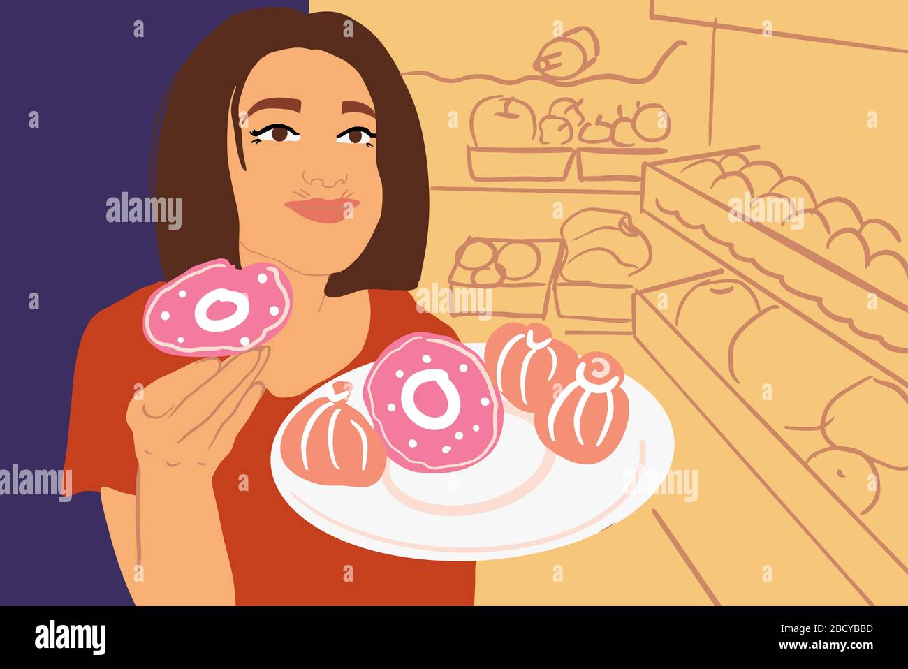 Young woman eating sweet donuts near the refrigerator at night. Concept ...