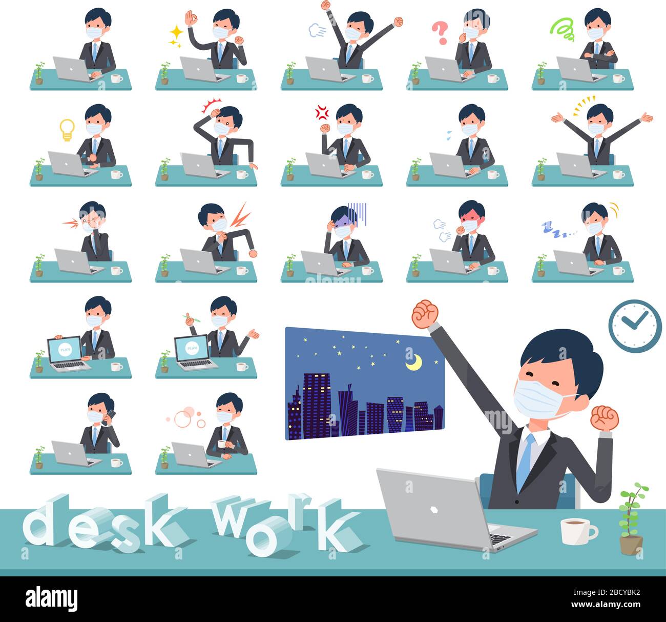 A set of businessman wearing mask on desk work.There are various ...