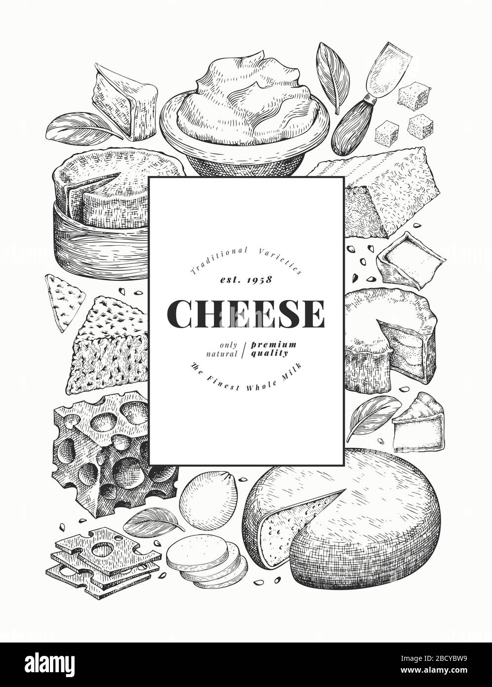 Cheese design template. Hand drawn vector dairy illustration. Engraved ...