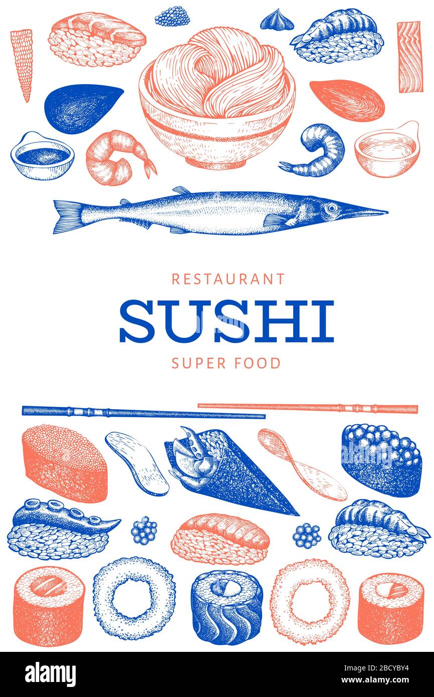 Japanese cuisine design template. Sushi hand drawn vector illustrations ...