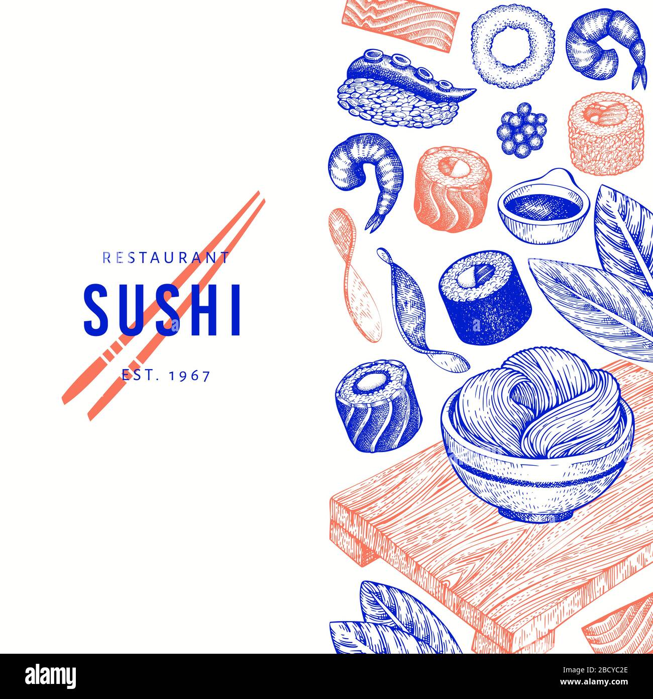 Japanese cuisine design template. Sushi hand drawn vector illustrations ...