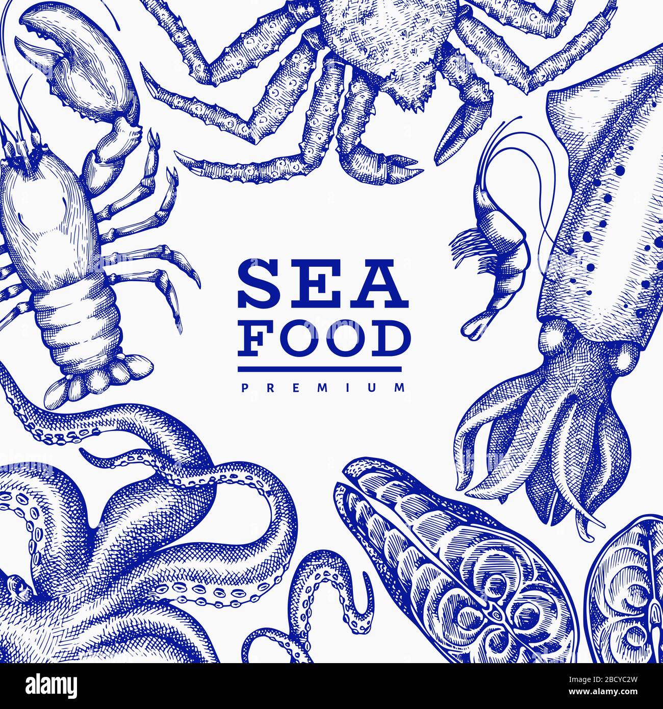Seafood design template. Hand drawn vector seafood illustration ...