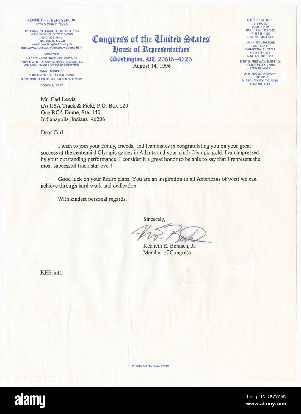 Letter from US Representative Kenneth E Bentsen Jr to Carl Lewis. Typed ...