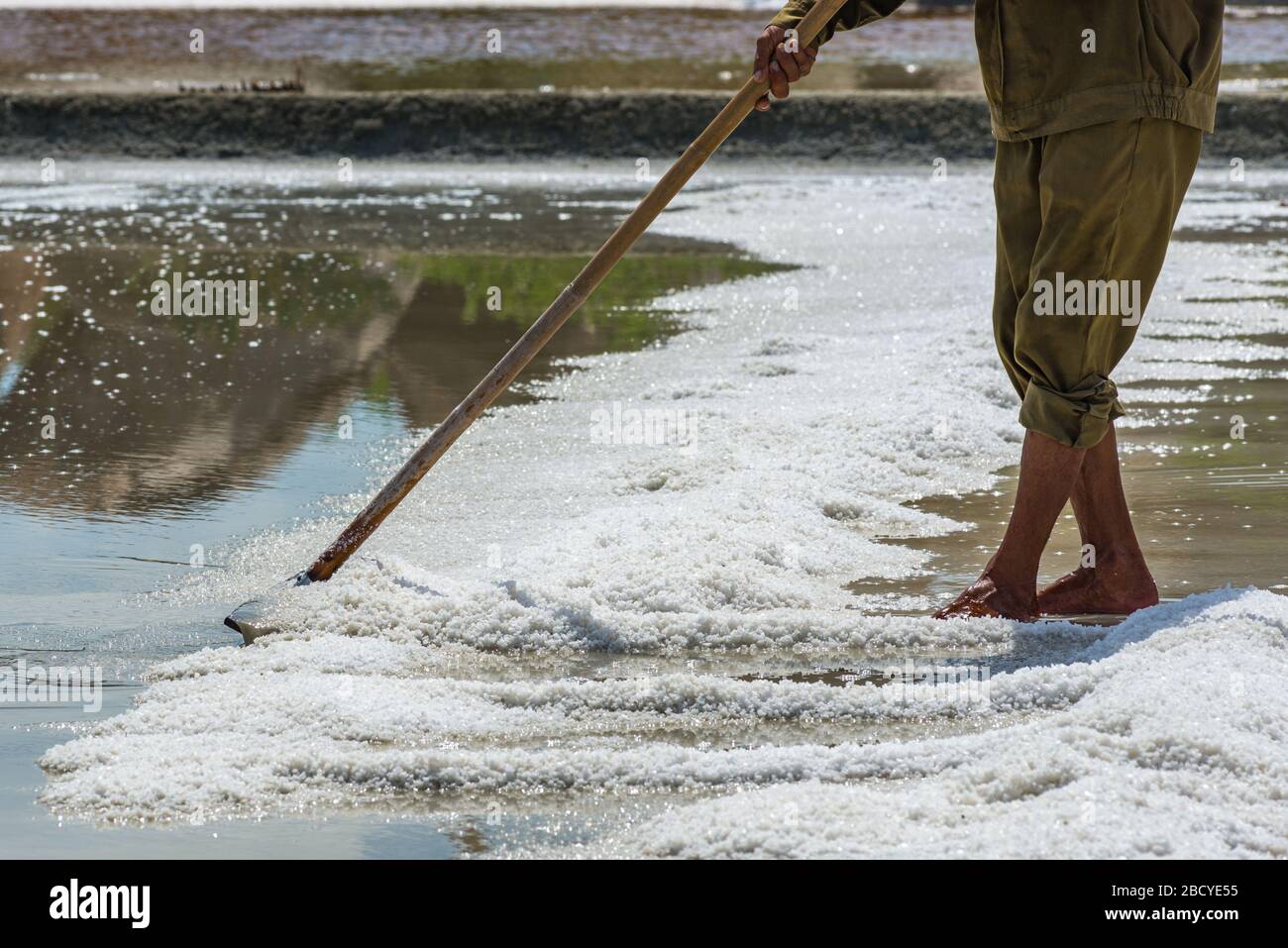 Worker using tool harvesting salt at sea salt farm Stock Photo - Alamy