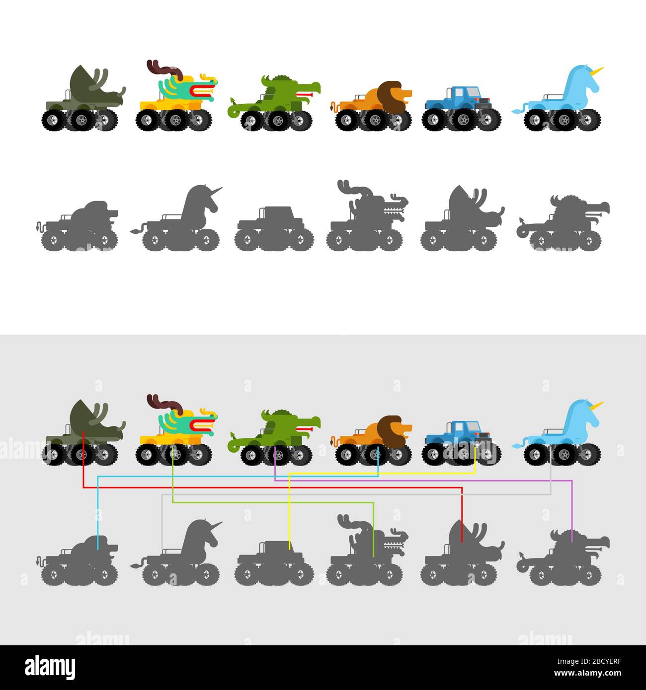 Find correct shadow. Monster Truck animal. Cartoon car beast on big ...