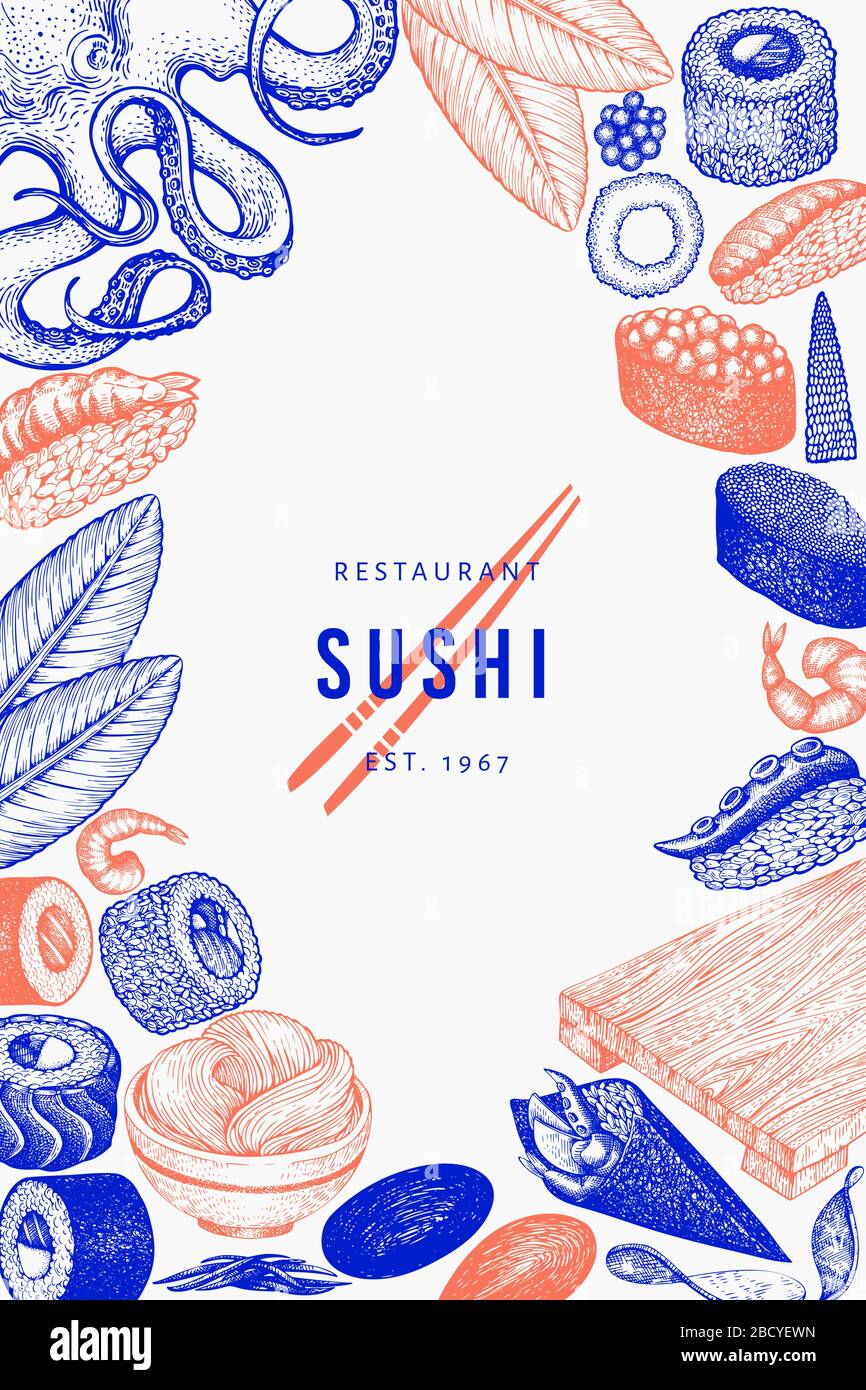 Japanese cuisine design template. Sushi hand drawn vector illustrations ...