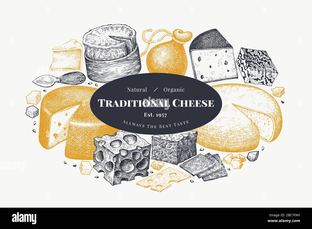 Cheese design template. Hand drawn vector dairy illustration. Engraved ...