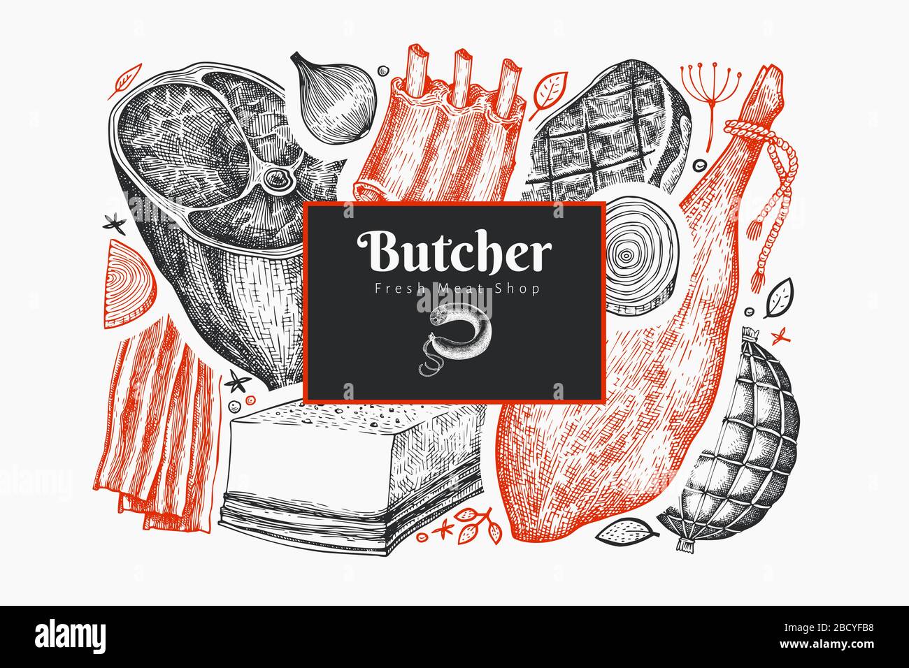 Retro vector meat products design template. Hand drawn ham, sausages ...