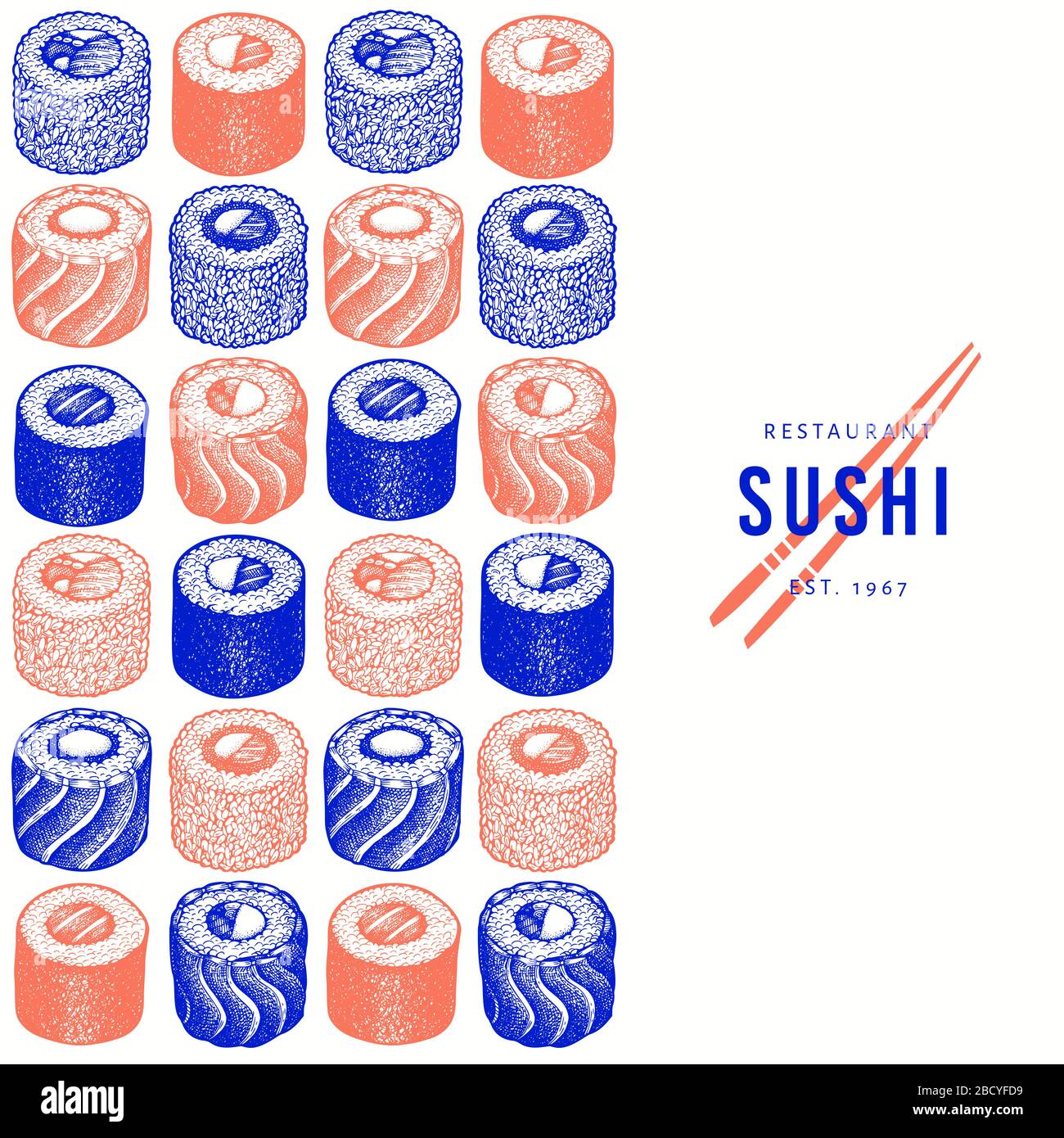 Japanese cuisine design template. Sushi hand drawn vector illustrations ...