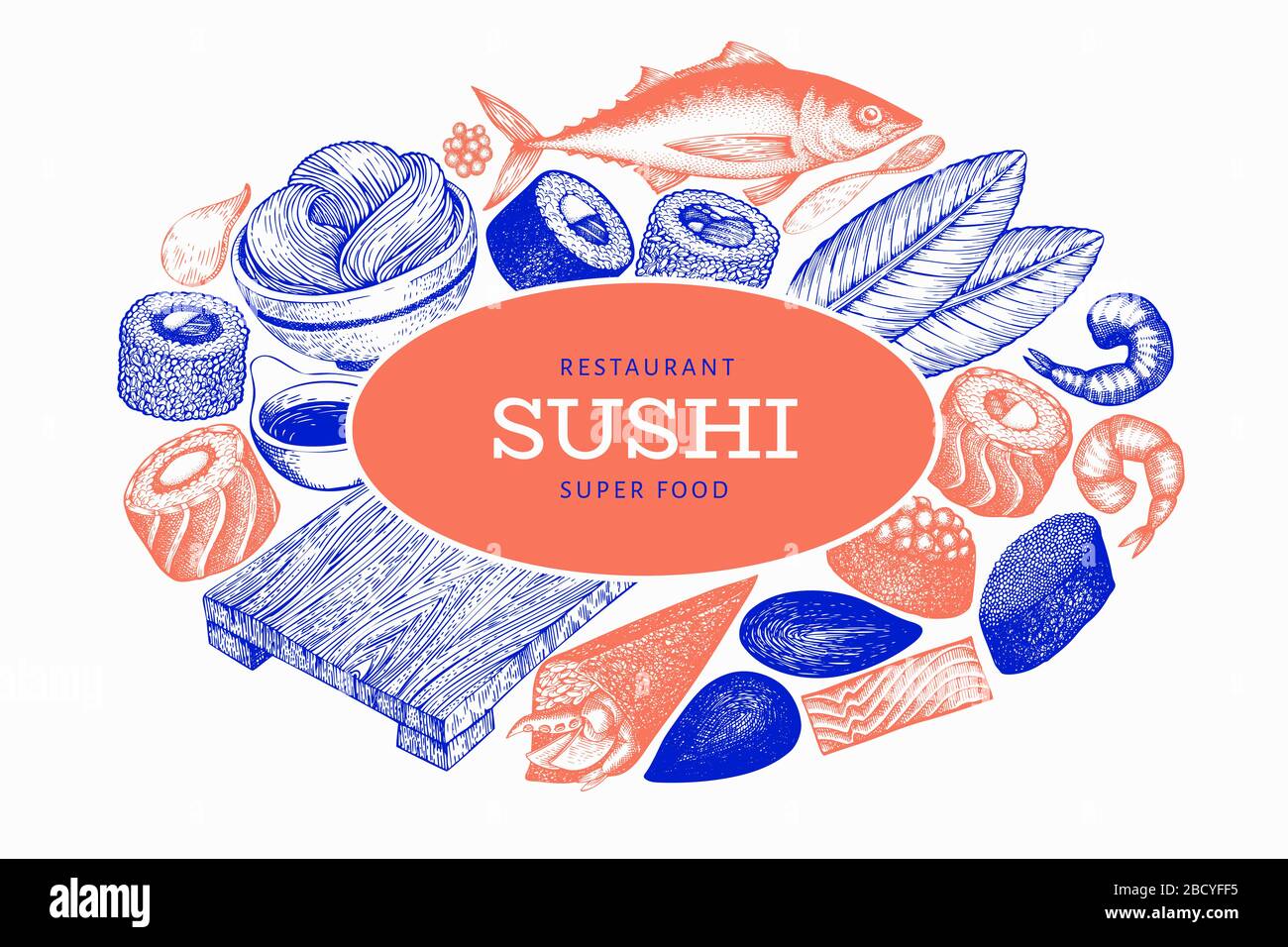 Japanese cuisine design template. Sushi hand drawn vector illustrations ...