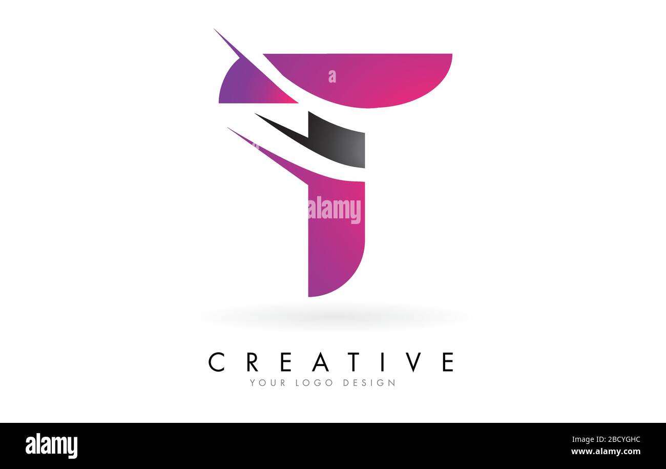T Letter Logo with Pink and Grey Colorblock Design and Creative Cut ...