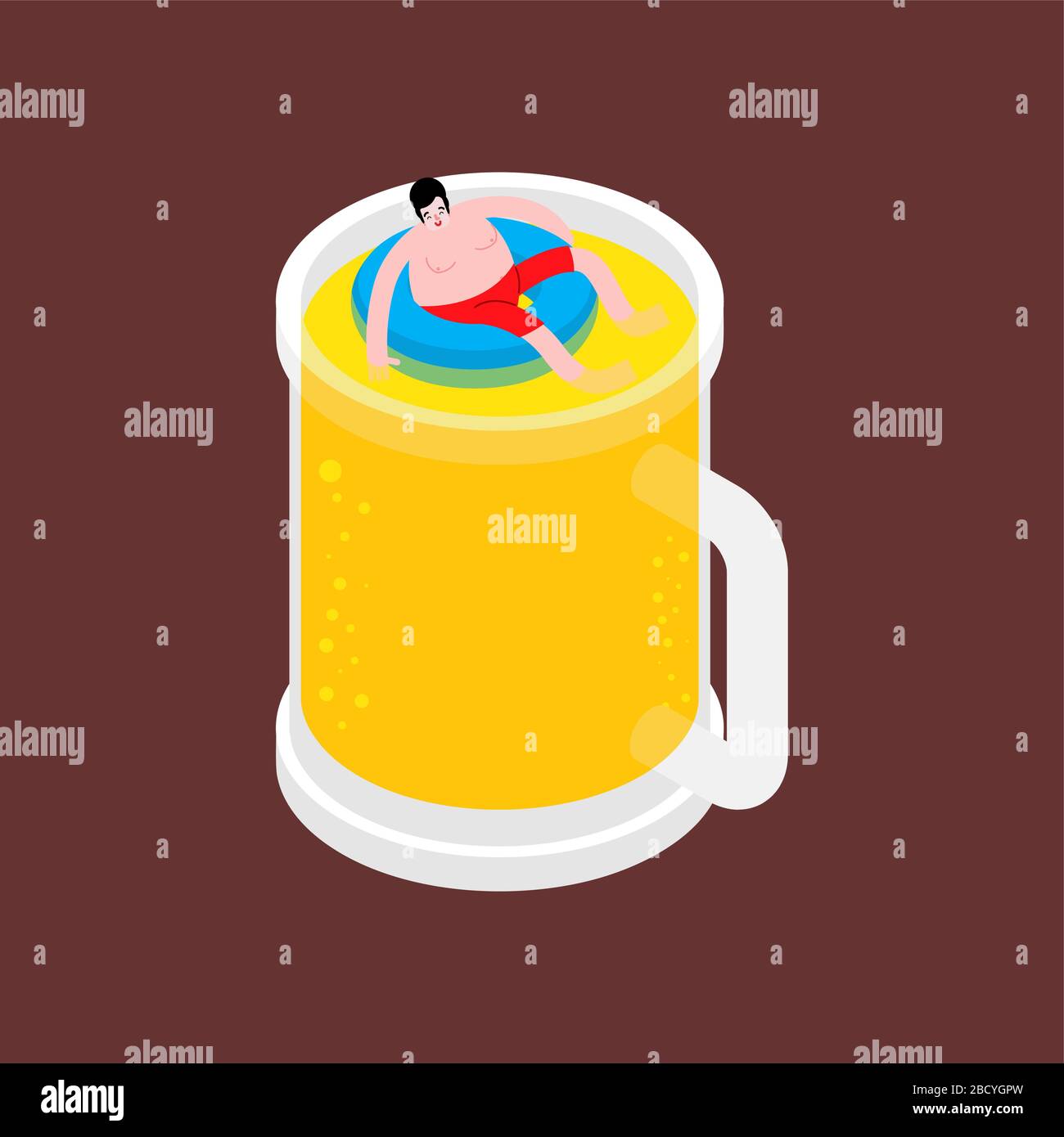 Alcoholic swim in beer. Man swimming inside beer mug. vector ...