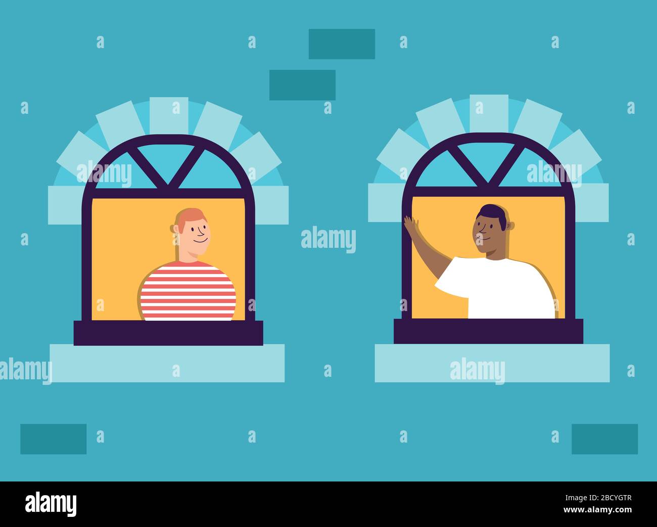 quarantined people leaning out of the building windows Stock Vector ...