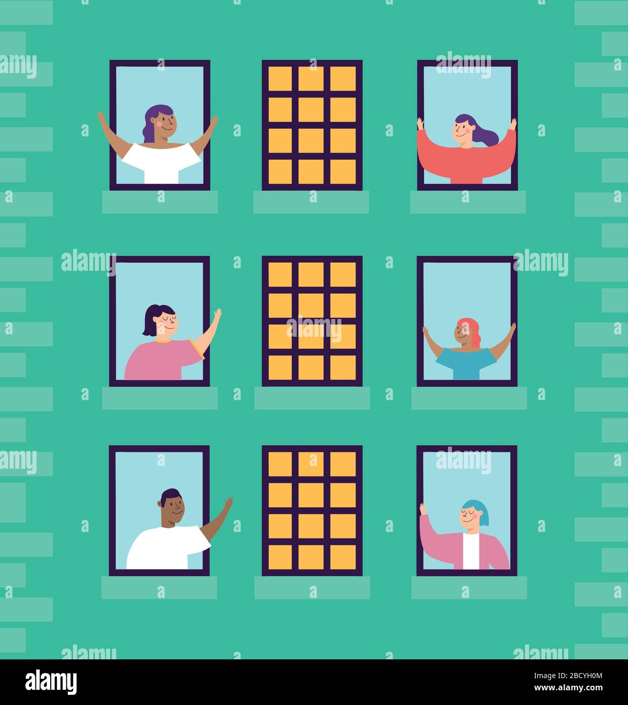 quarantined people leaning out of the building windows Stock Vector ...