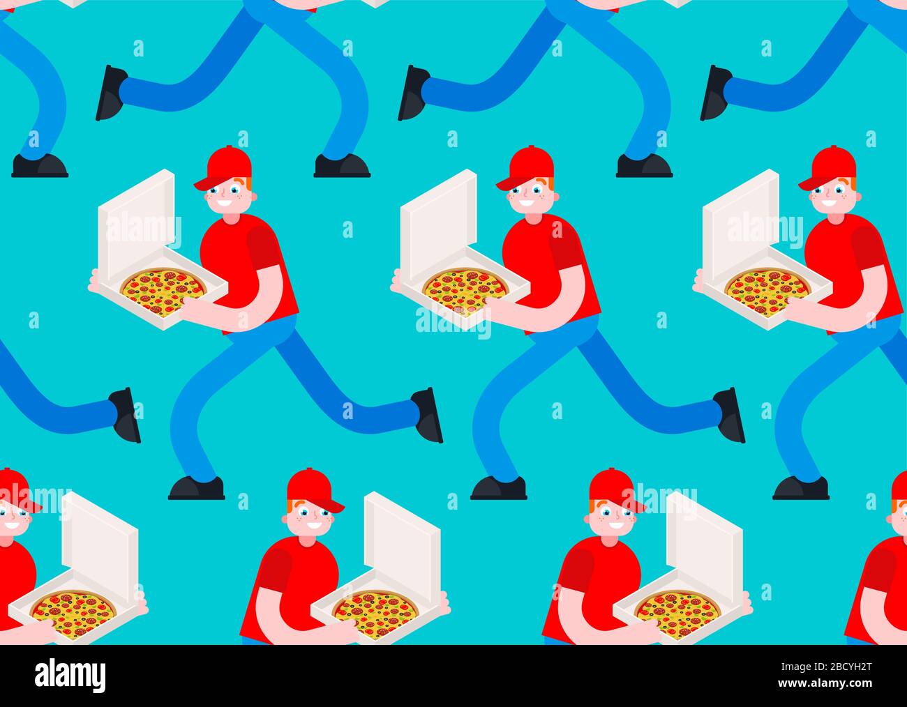 Pizza delivery run pattern seamless. Man runs with pizza box background ...