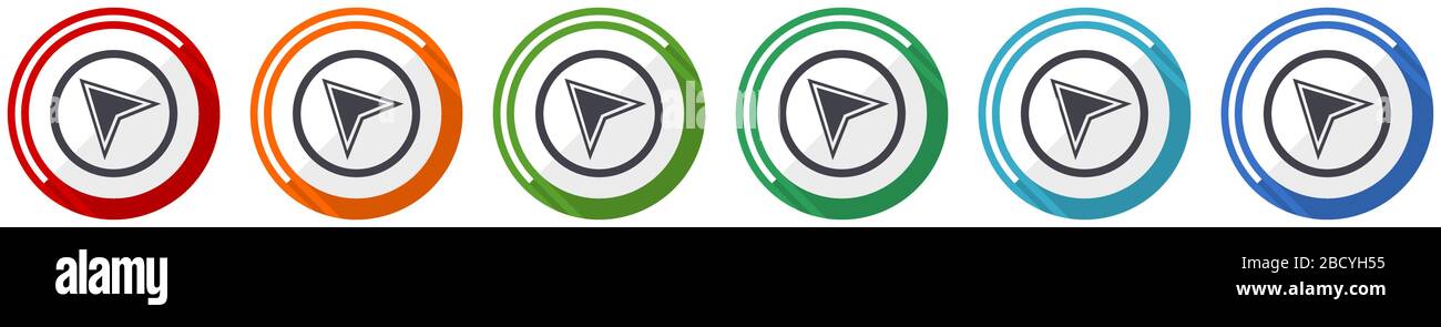 Navigation icon set, flat design vector illustration in 6 colors ...