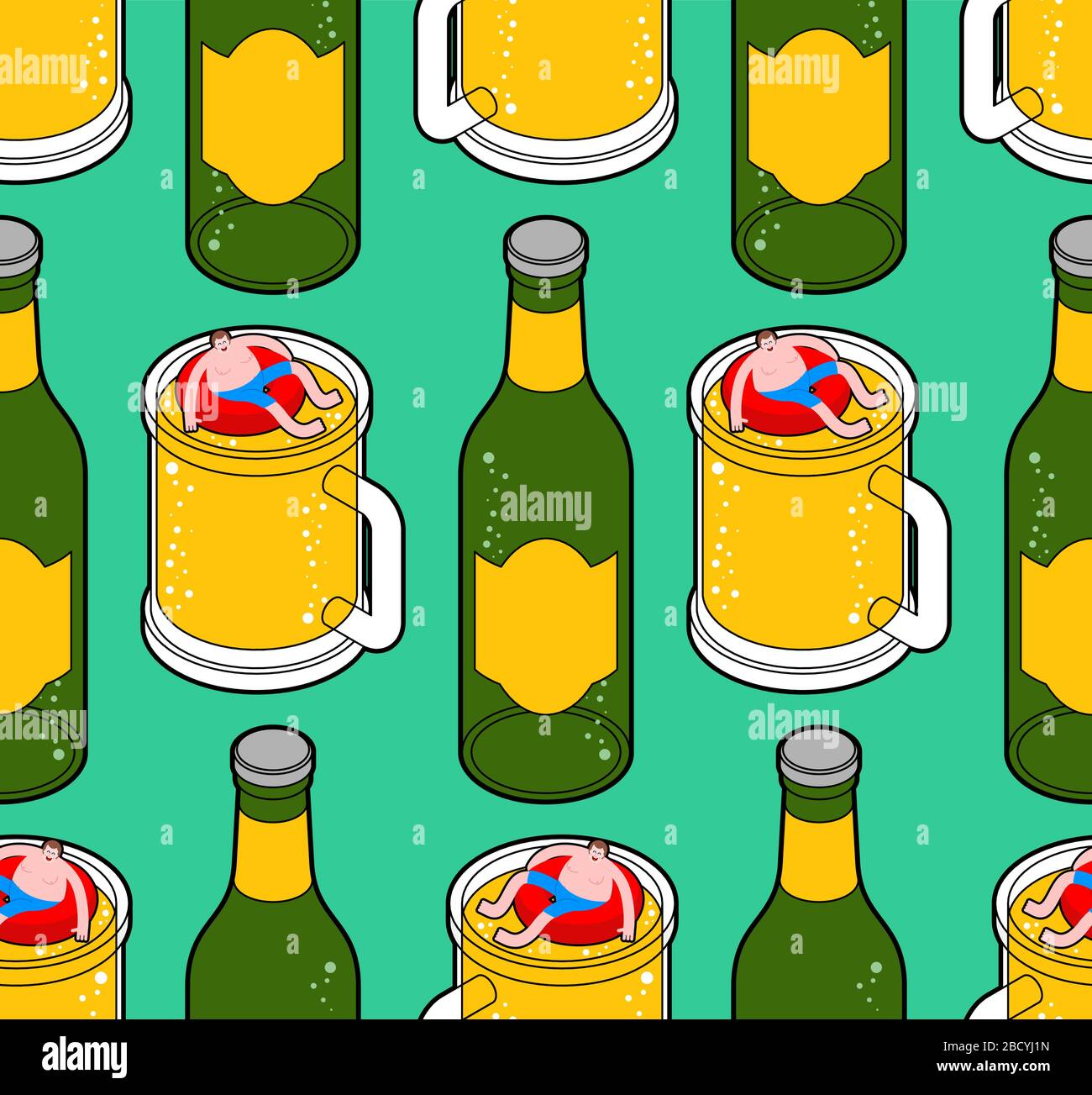 Alcoholic swim in beer pattern seamless. Man swimming inside beer mug ...
