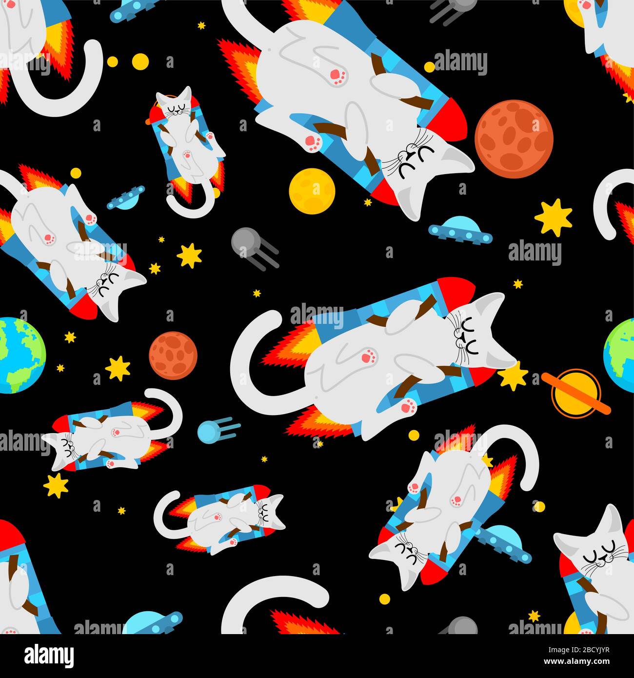 Cat jet pack pattern seamless. Pet is on rocket background. Baby fabric ...