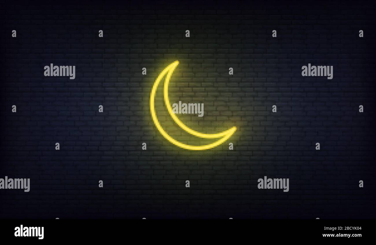 Crescent moon neon. Ramadan glowing yellow gold moon Islamic sign Stock ...