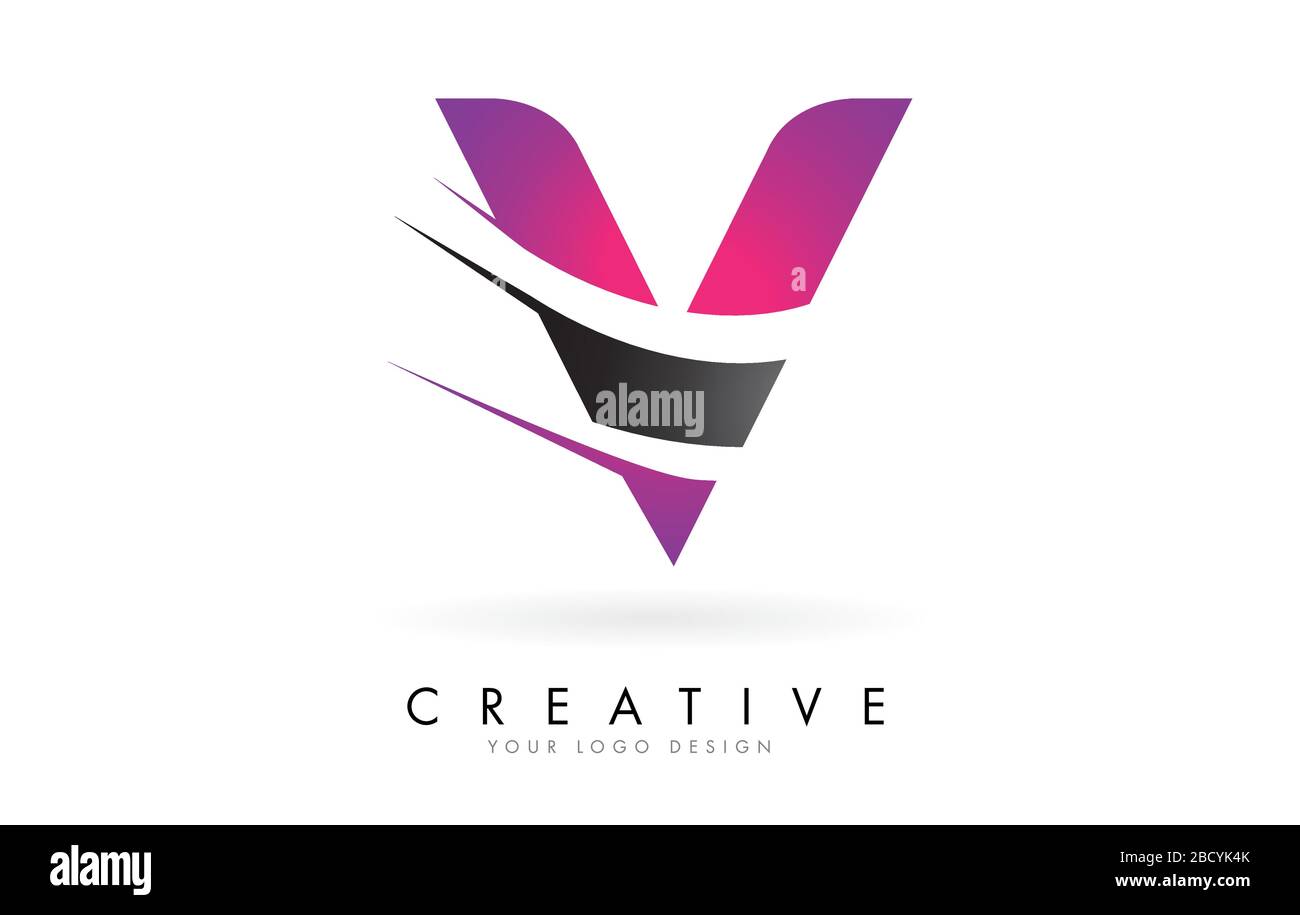 V Letter Logo with Pink and Grey Colorblock Design and Creative Cut ...