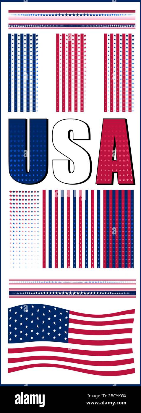 Vector illustration with a set of american flags, in different shapes ...