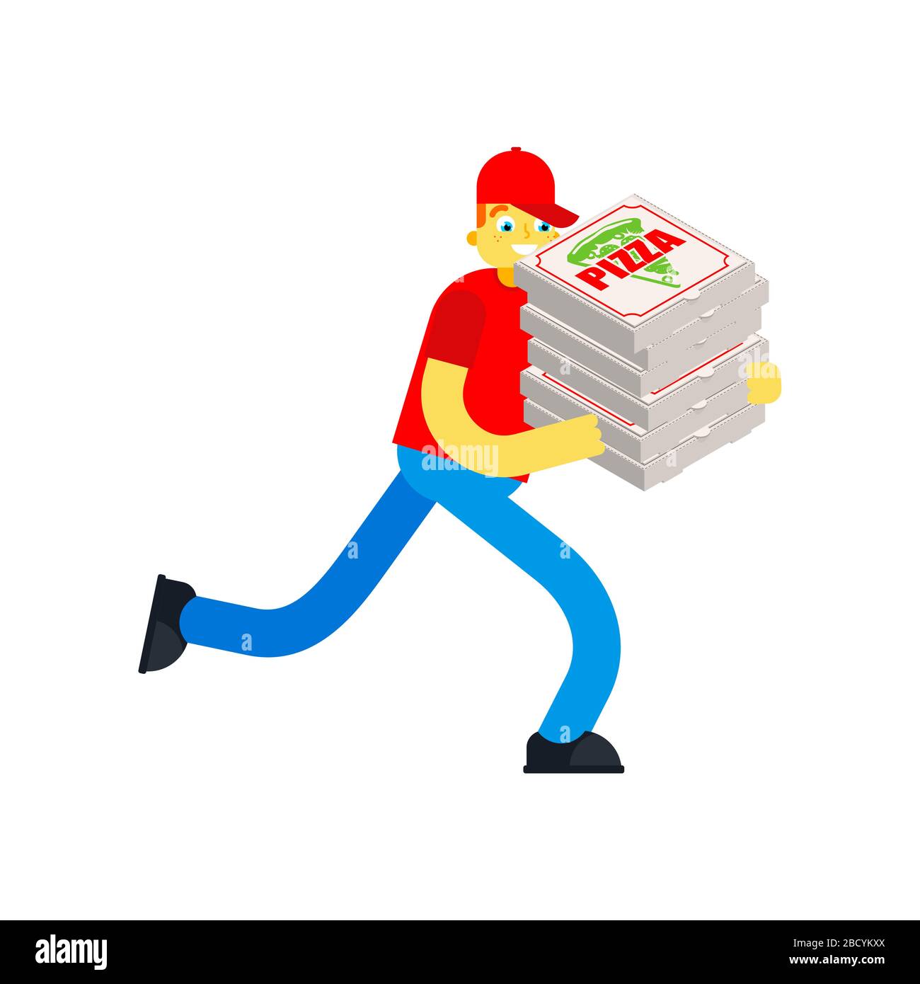 Pizza delivery run isolated. Man runs with pizza box. vector ...