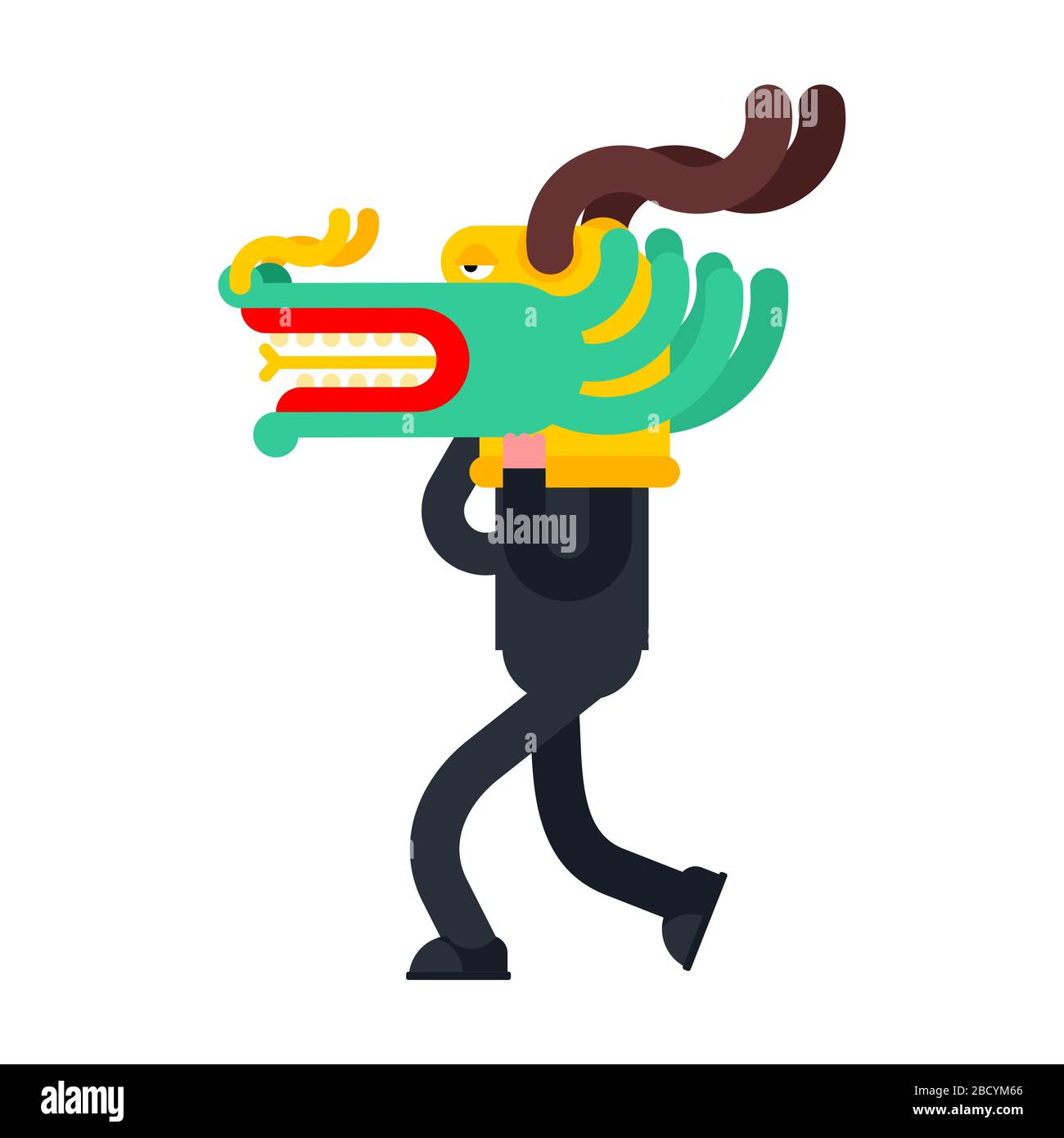 Man in Chinese dragon mask face. China Holiday mythical monster hesd ...