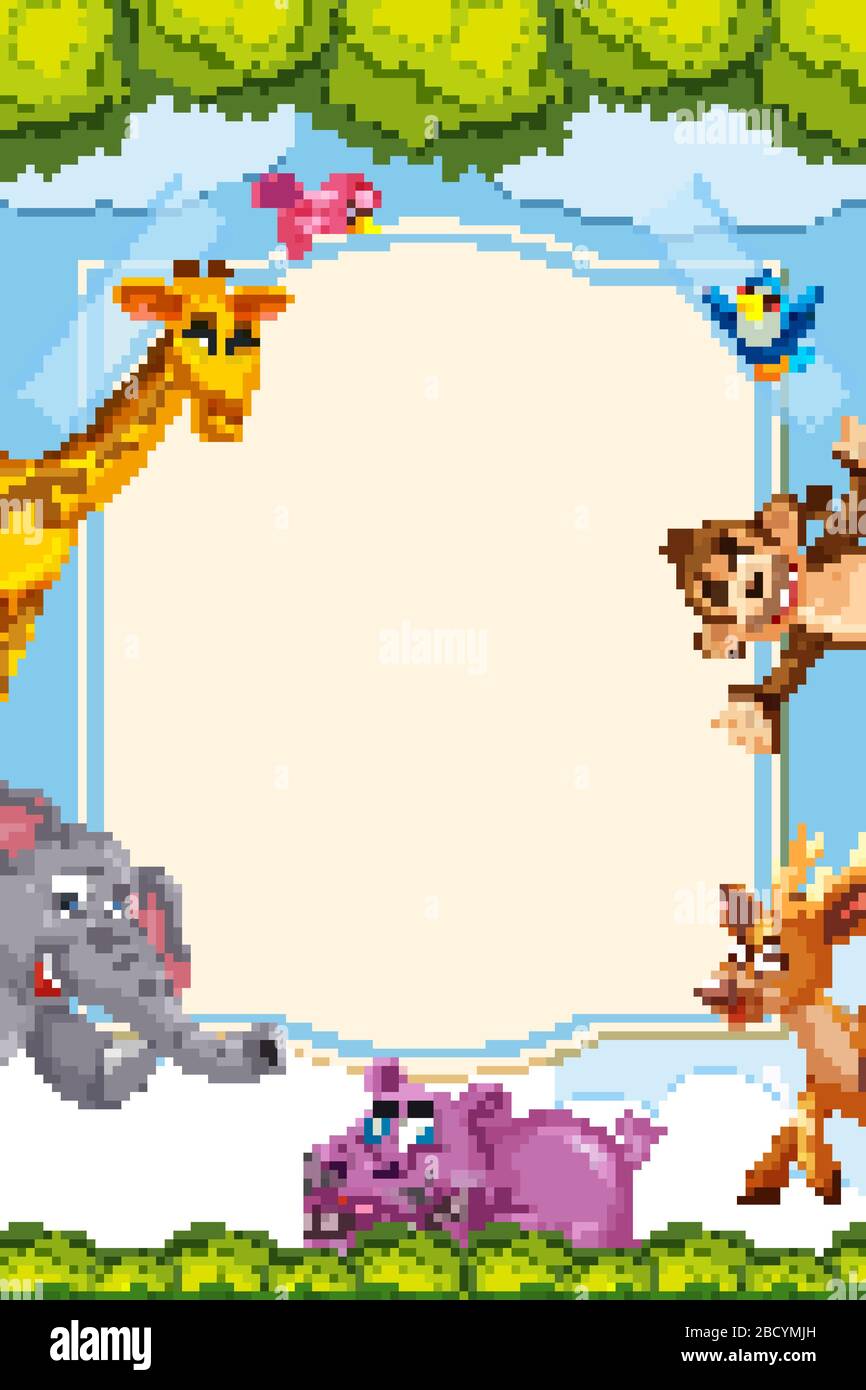 Border template design with many wild animals in background ...