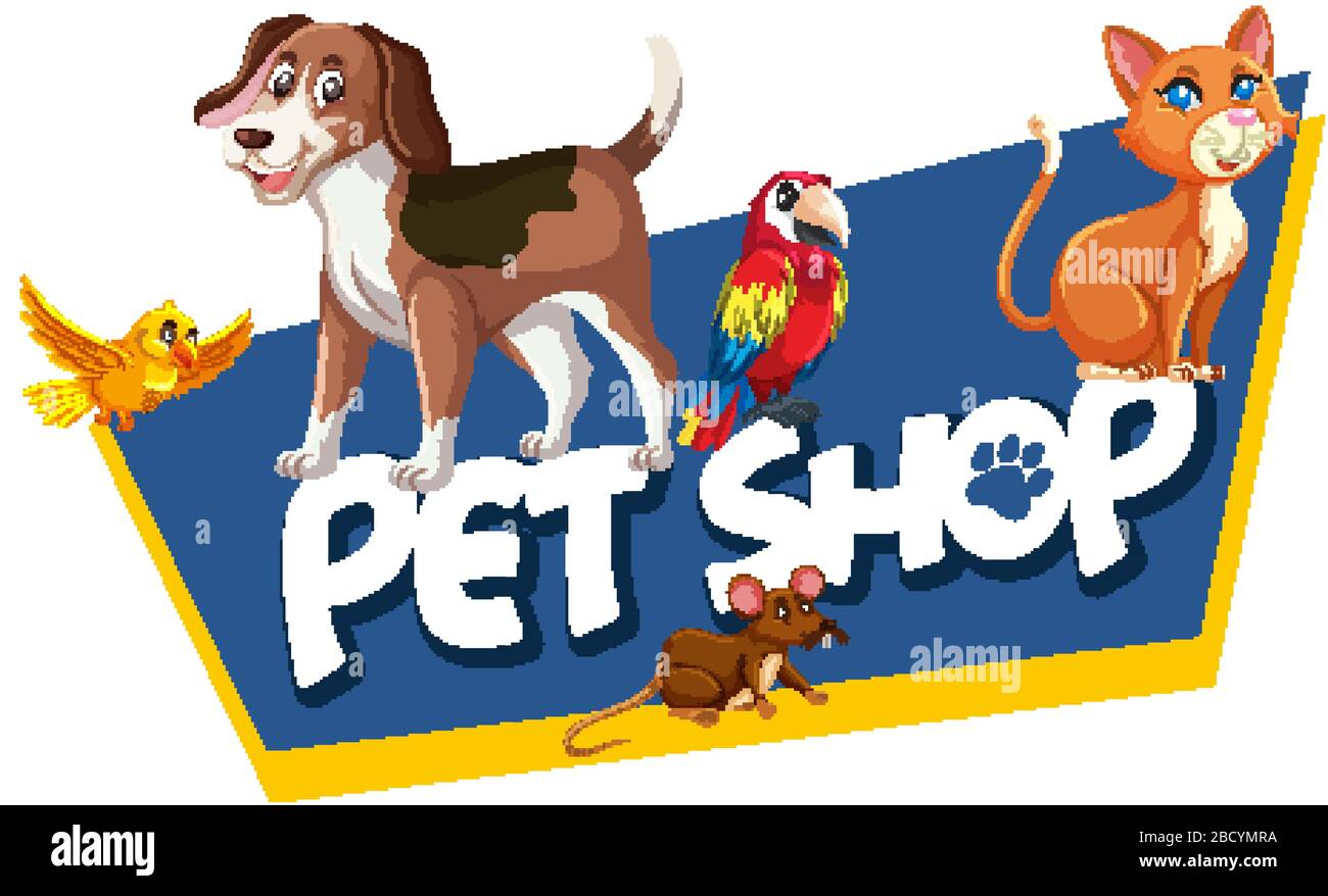 Font design template for word pet shop with many animals illustration ...