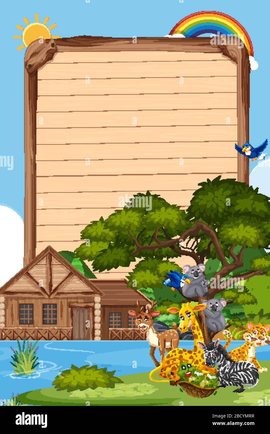 Border template design with many wild animals in background ...