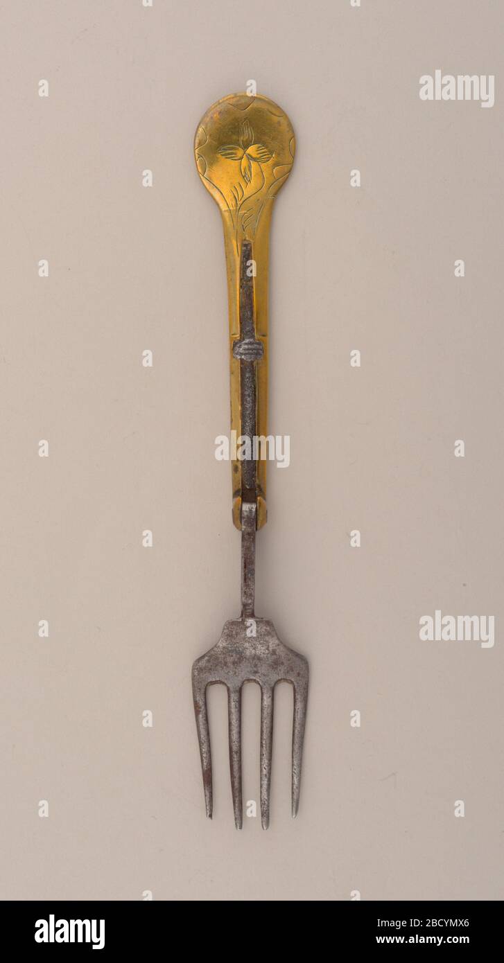 Folding fork. Research in ProgressFork has four curved tines, rounded ...