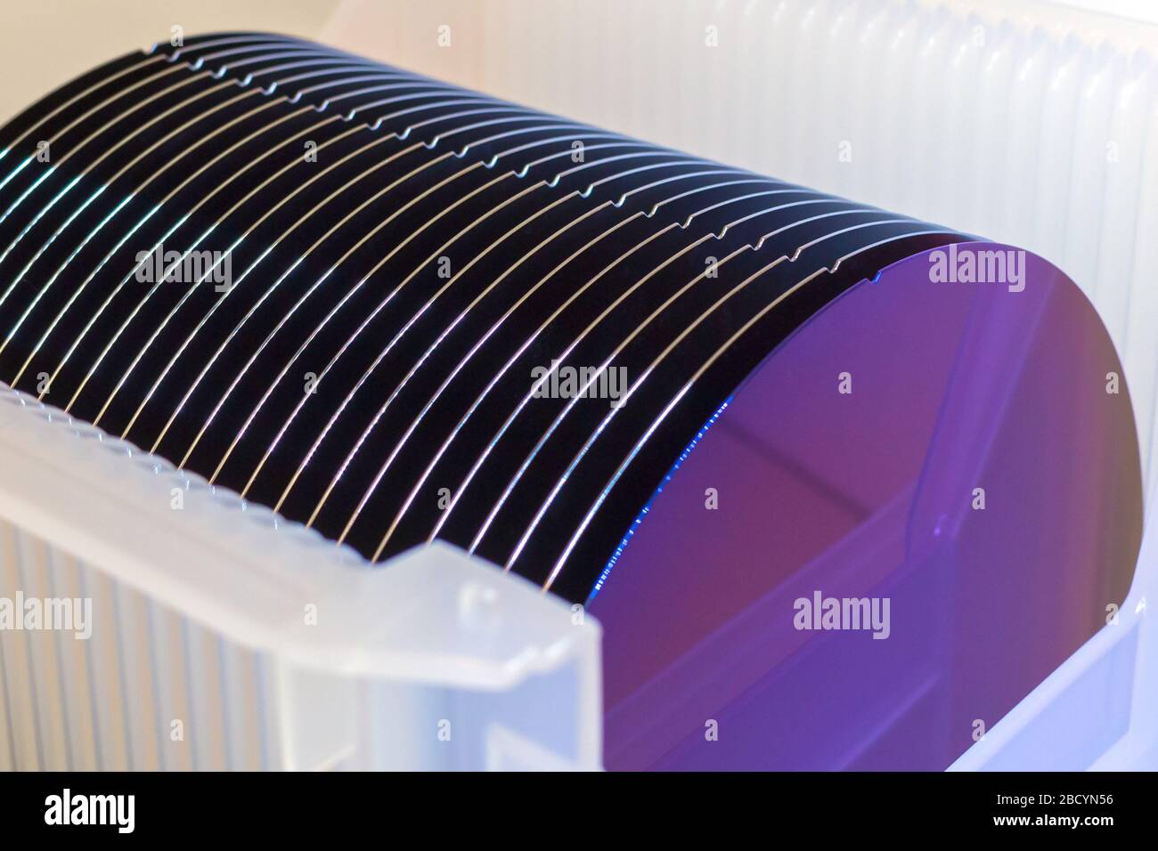 Close up of Silicon wafers purple color prepared for production in a ...