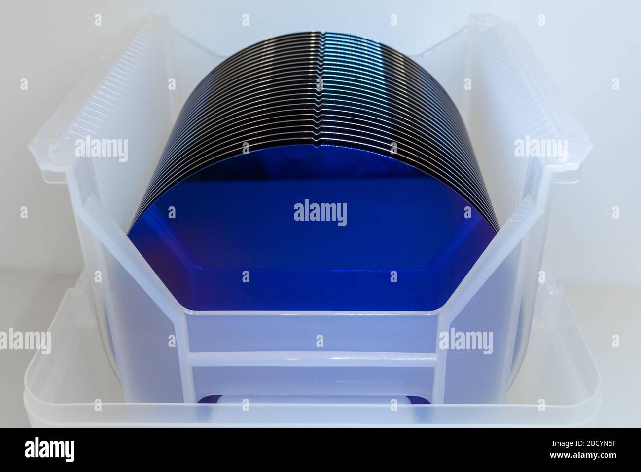 Close up of Silicon wafers blue color prepared for production in a ...