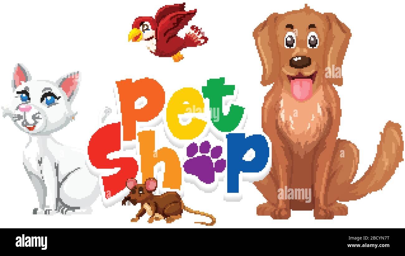 Font design for pet shop with many cute animals illustration Stock ...