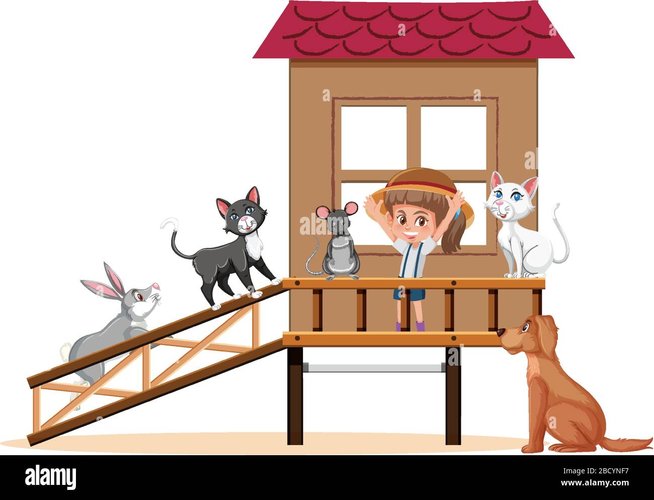 Scene with girl and many pets in the house illustration Stock Vector ...