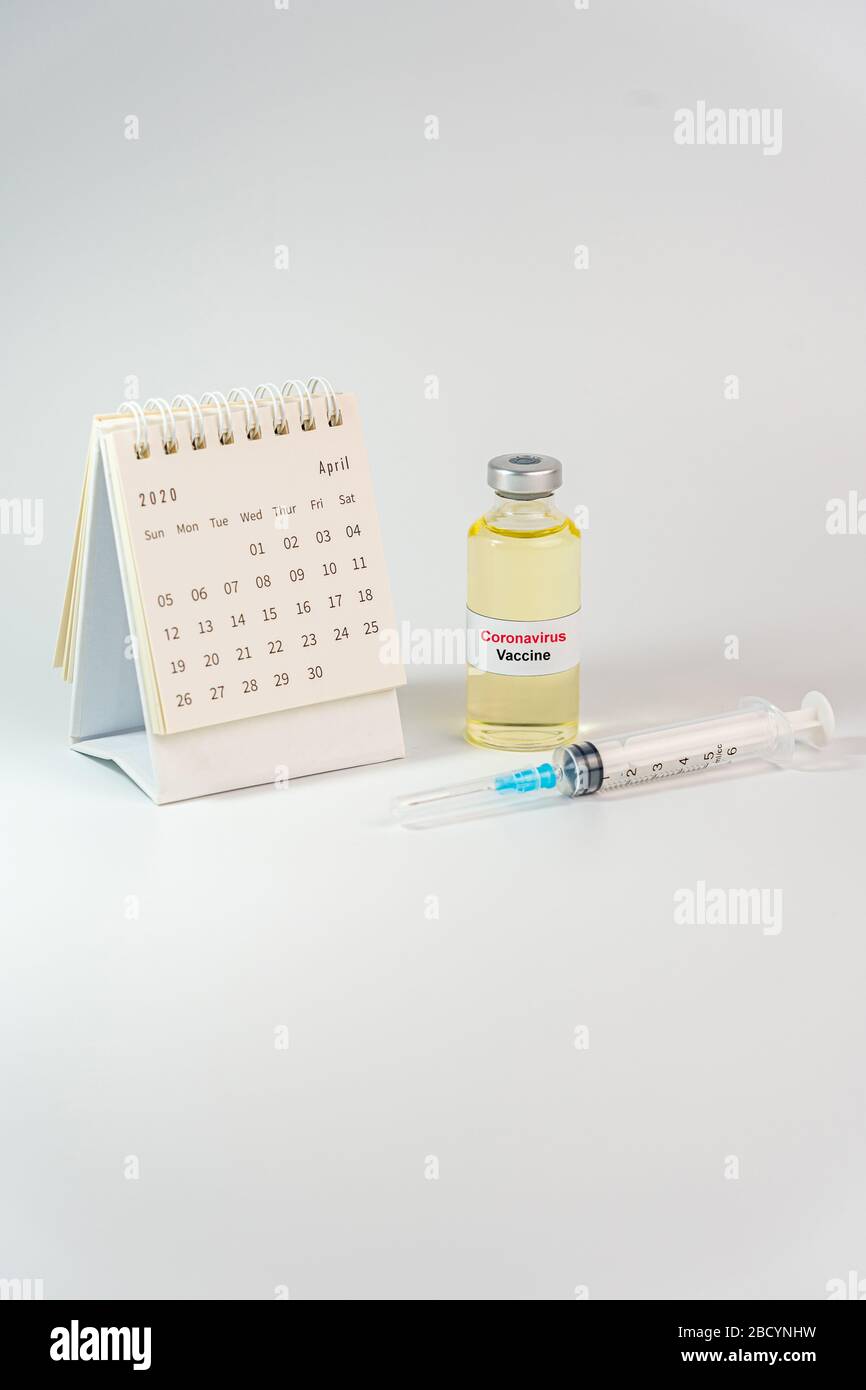 Coronavirus concept with vaccine, syringe injection and Calendar of ...
