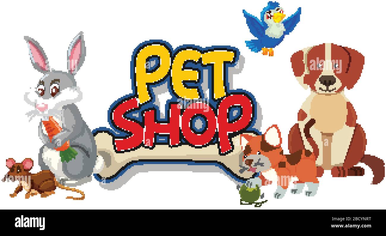 Font design for pet shop with many cute animals illustration Stock ...