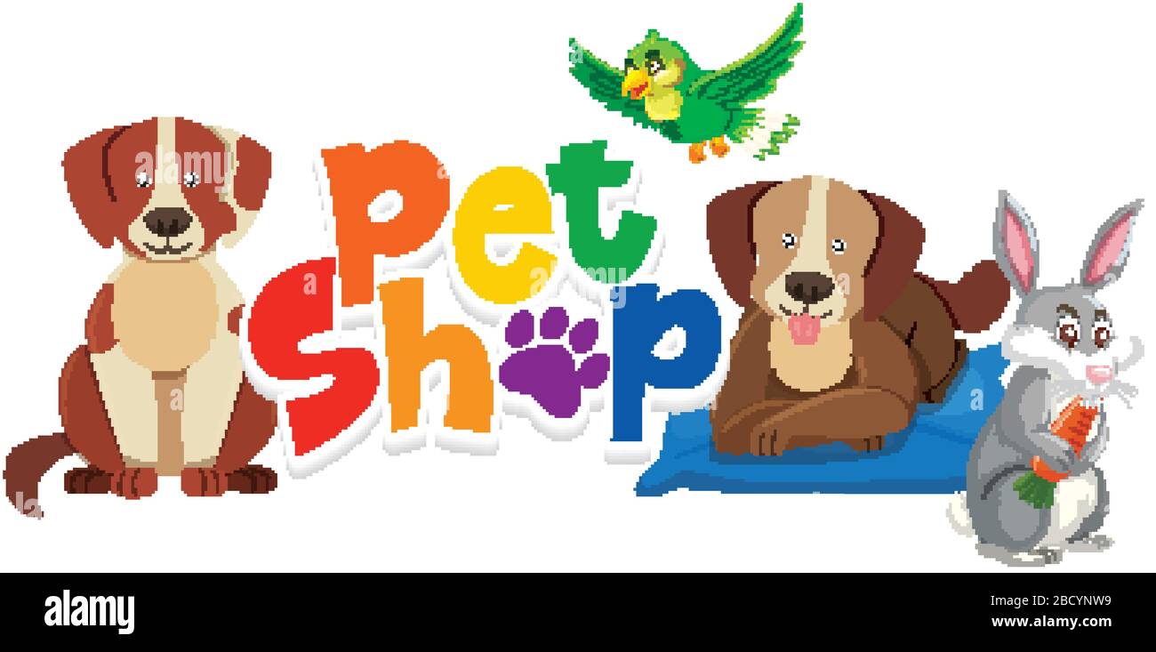 Font design for pet shop with many cute animals illustration Stock ...