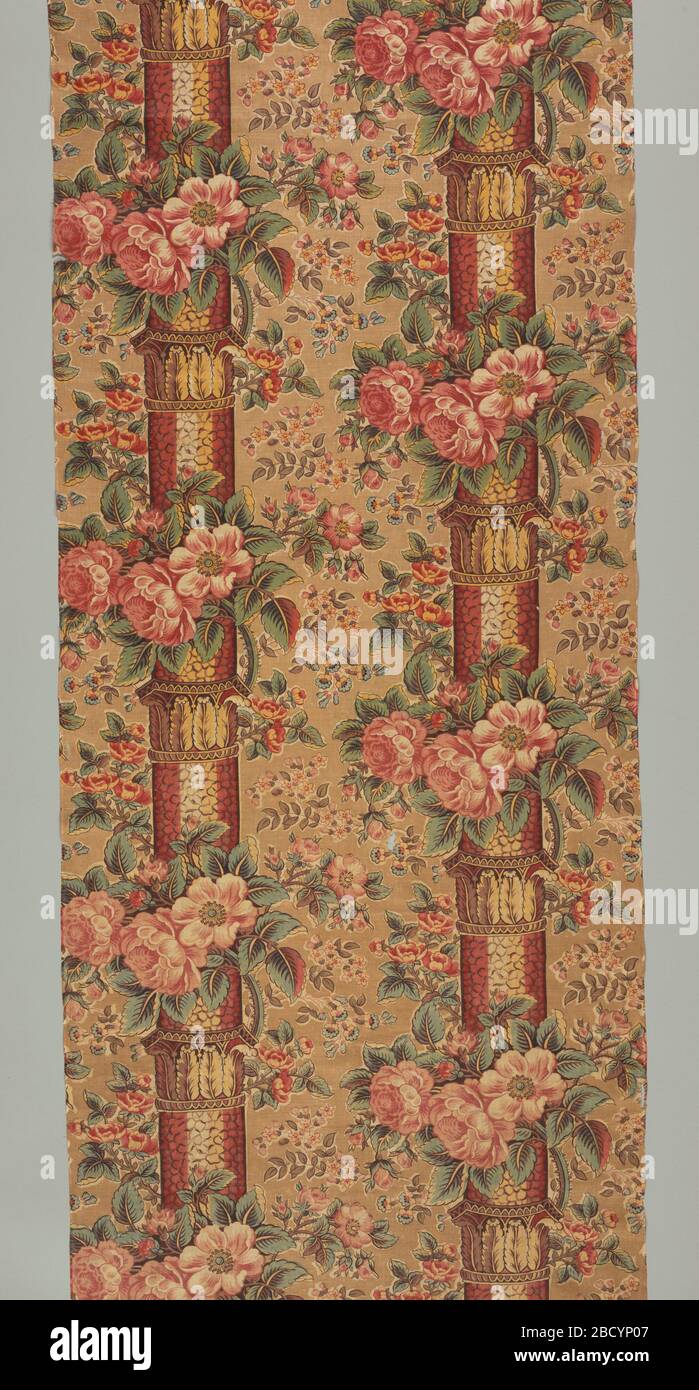 Textile. Narrow pillars banded with acanthus leaf capitals are ...