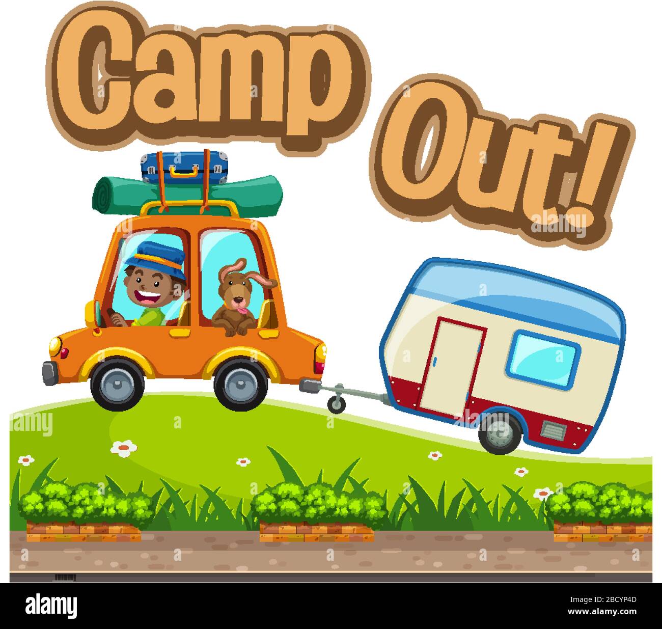 Font design for word camp out with man driving car illustration Stock ...