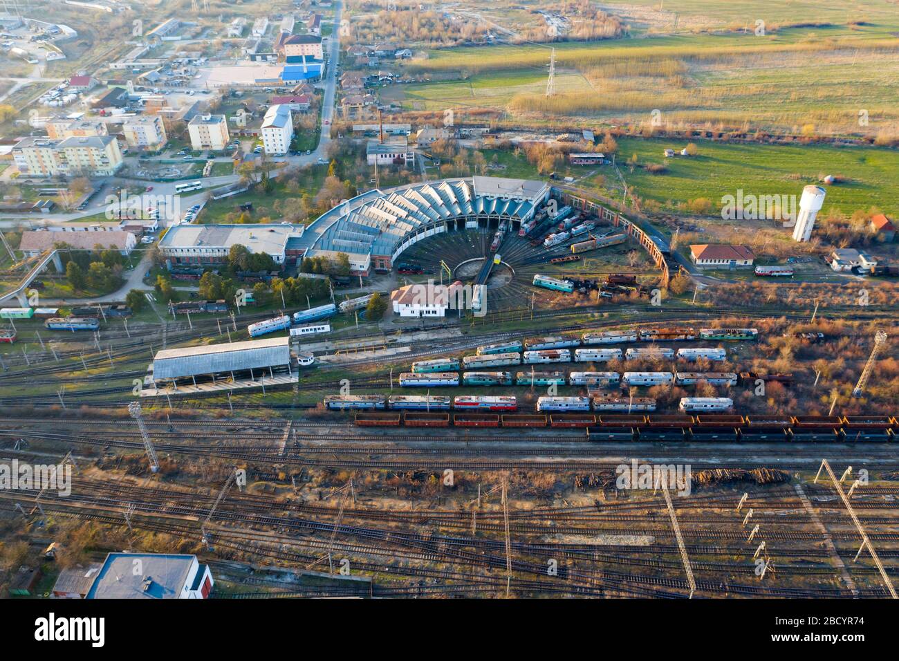 Aerial view of various railway carriage trains with goods on the ...