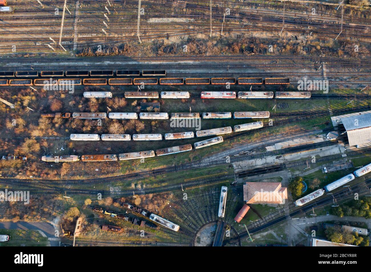 Aerial view of various railway carriage trains with goods on the ...