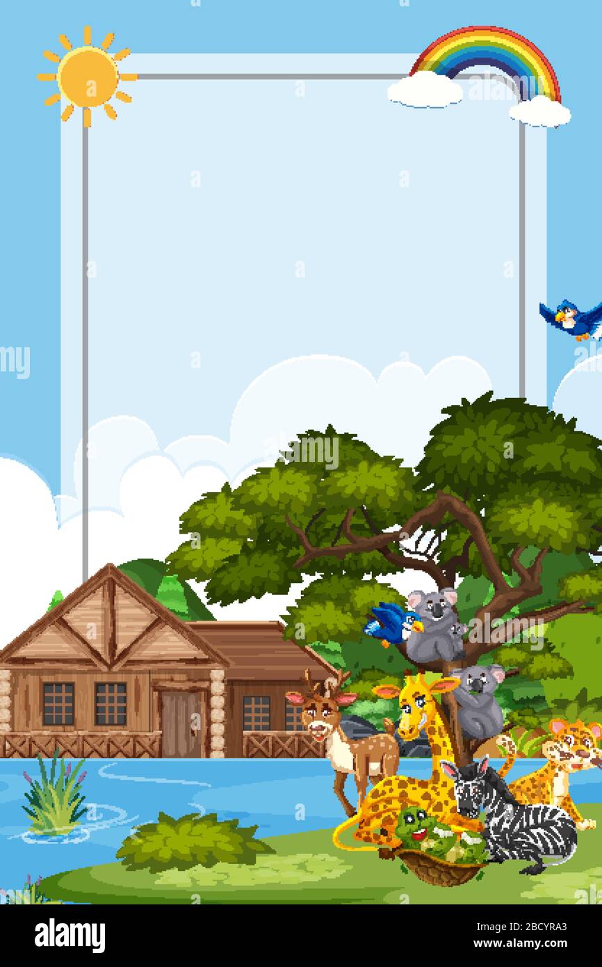 Border template design with many wild animals in background ...